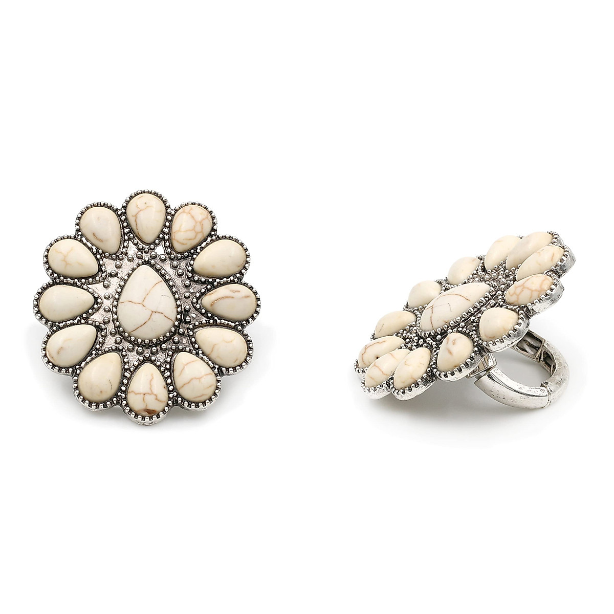 Elosee Western Style Antique Silver Turquoise Stone Concho Statement Stretch Ring (Turquoise)