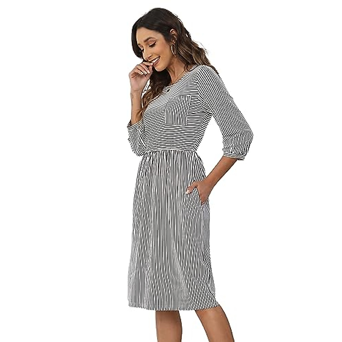 MEROKEETY Women's 3/4 Balloon Sleeve Striped High Waist T Shirt Midi Dress
