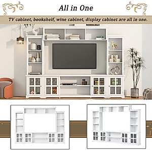 Multifunctional All in One TV Stand for TVs Up to 70'', Luxury Entertainment Wall Unit with Bridge and Tempered Glass Door, TV Stand Console Table with Top Cabinet for Living Room (White-70)