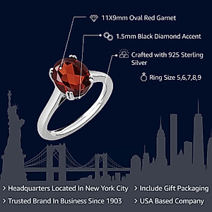 Gem Stone King 925 Sterling Silver Red Garnet and Black Diamond Solitaire Ring For Women (3.63 Cttw, Oval 11X9MM, Gemstone Birthstone, Available in size 5, 6, 7, 8, 9)