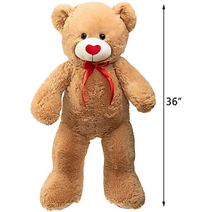 HollyHOME Big Teddy Bear Stuffed Animal Large Bear Plush with Red Heart for Girlfriend and Kids Valentine's Day 36 inch Tan