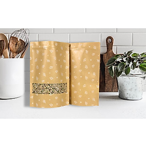 100PCS Stand Up Pouches with Window, Kraft Ziplock Pouch bags, 7"x 10.2", Reusable Stand Up Bags, Resealable & Heat Sealable Odor Free Food Storage Bag, Packaging for Small Business & Home Use [LEAF]