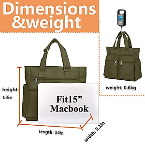 Canvas Tote Bag Waterproof Nylon Multi Pocket Shoulder Bags Laptop Work Bag Teacher Purse and Handbags for Women & Men (Army Green)
