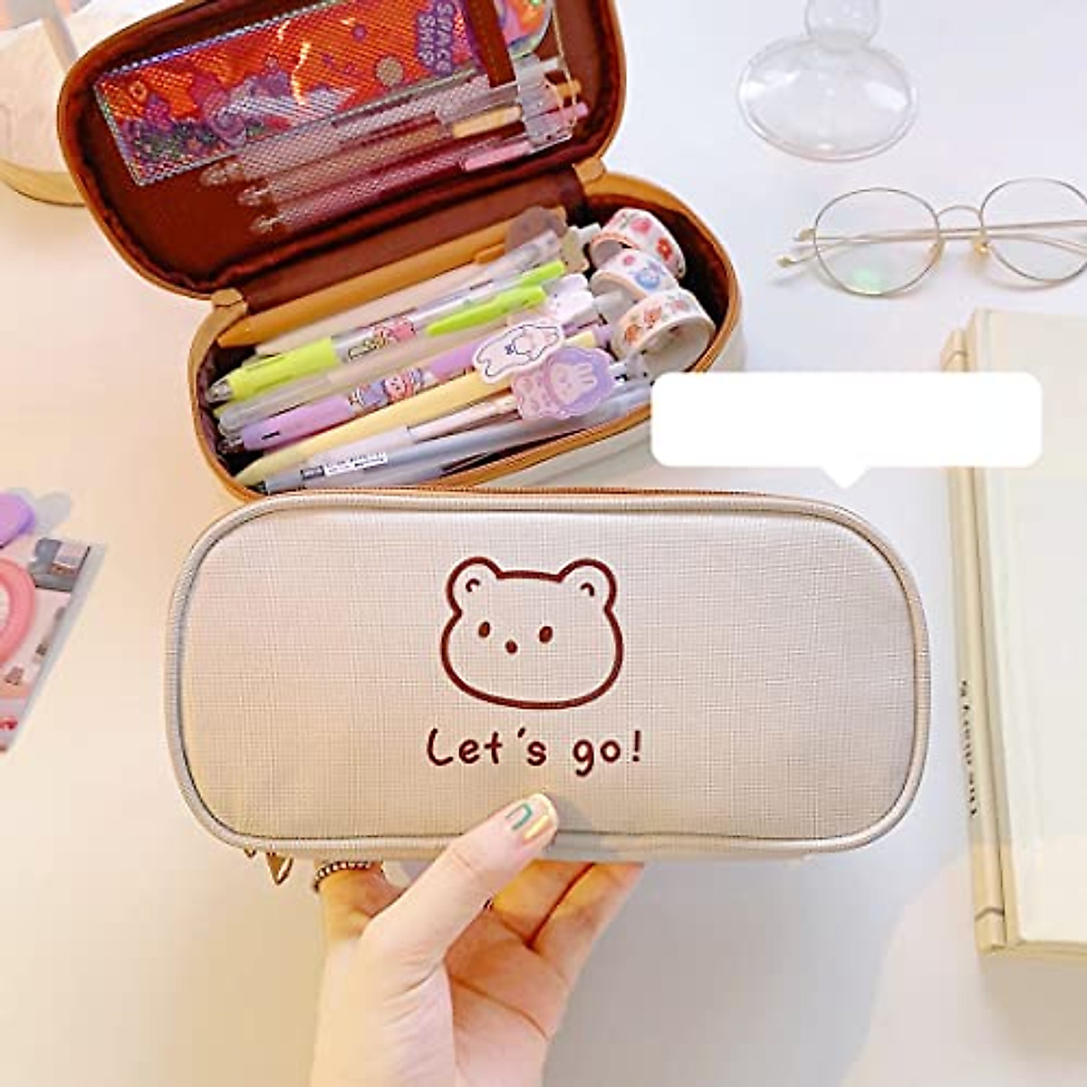 Cute Bear Large Capacity Pencil Case Japanese Canvas Pen Holder Kawaii Stationery Pouch Cartoon Makeup Cosmetics Bag for Back to Scool Students (Good Luck)