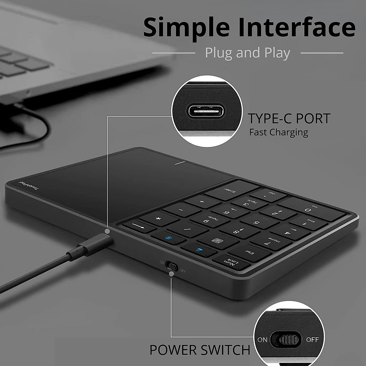 Yoidesu 22 Keys Numeric Keypad with Touchpad, 5.0/2.4G Touch Pad Number Pad, Type C Portable Numpad Financial Accounting with USB Receiver for Laptop