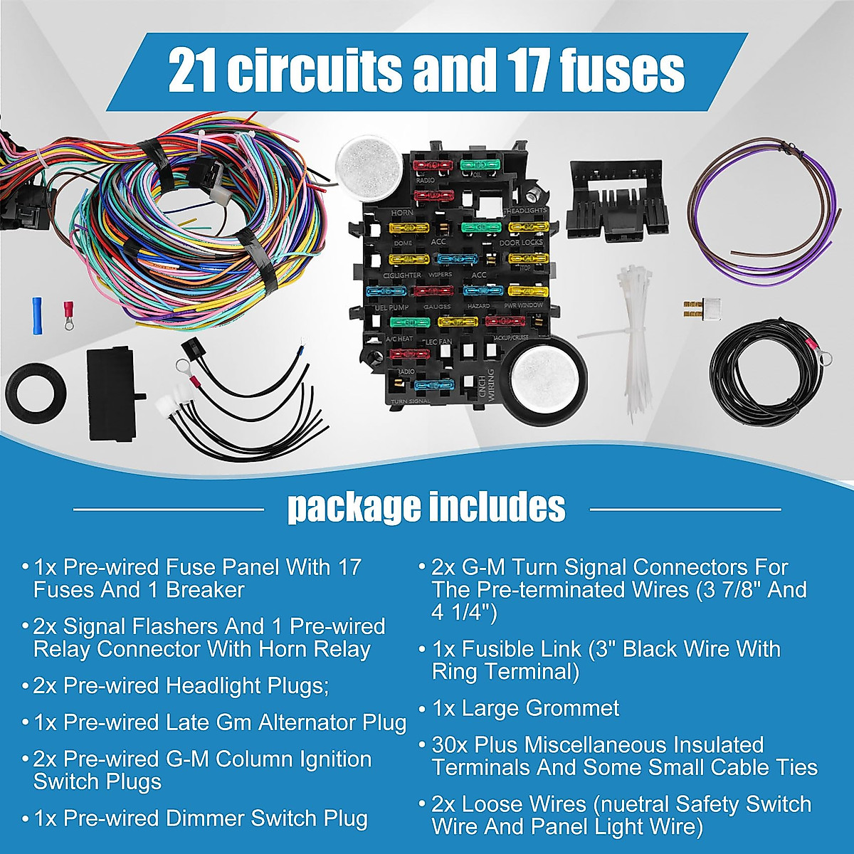 Universal 21 Circuit Wiring Harness Kit, 21 Circuit Wiring Harness Kit, 21 Circuit Universal Wiring Harness Kit Extra Long Wire Standard Color 17 Fuses for GM Chevy Chrysler Ford Mopar Hotrods Ratrods