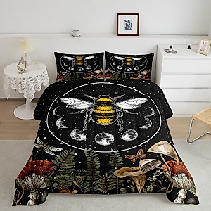 Erosebridal Boho Bee Bedding King Moon Print Comforter Set Wild Fungus Bedding Comforters & Sets Chic Wildlife Duvet Set Mushroom Green Leaves Quilt Set Animal and Botanical Theme Home Decor, Black