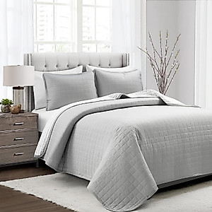 Lush Decor Farmhouse Box Stitch and Stripe Oversized Reversible Cotton 3 Piece Quilt Set, King, Gray