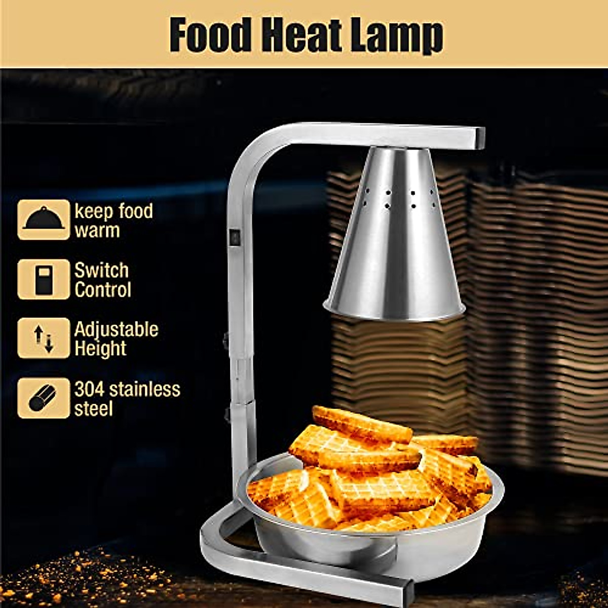 Restlrious Food Heat Lamp Freestanding Commercial Portable Food Warmer, Stainless Steel 120V Electric Food Heat Lamp with Red & Clear Bulbs and 1 Round Food Pan for Food Service, Fan-Shaped Lampshade