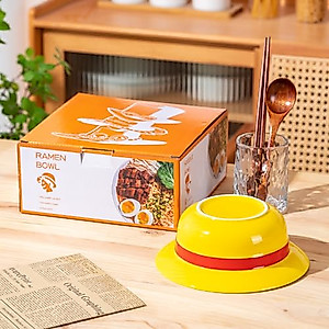 Feellawn Straw Hat Ramen Bowl With Chopsticks for Anime Fans（Ceramic）