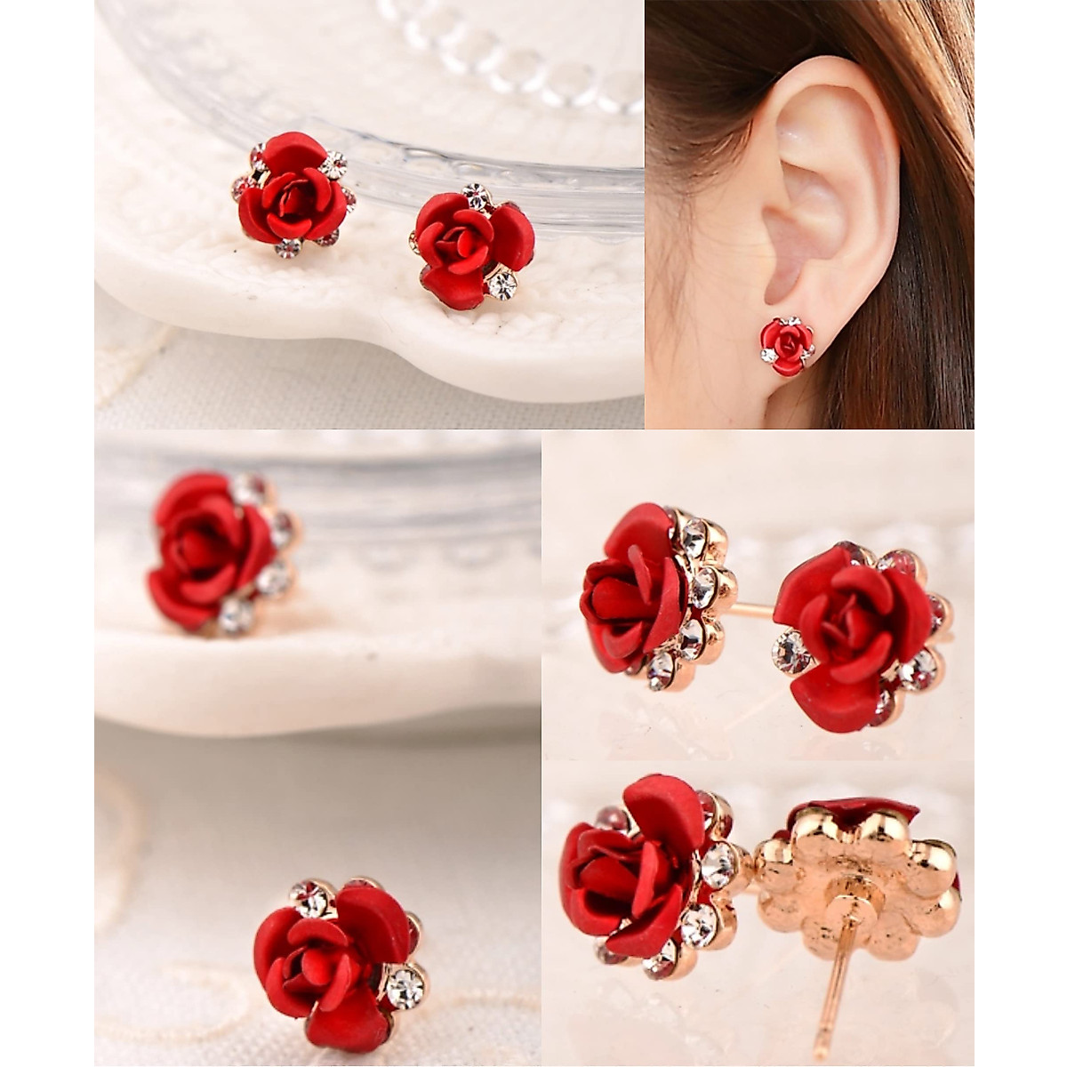 Rose Gold Plated Simple Red Rose Stud Earrings Fashion Jewelry for Women