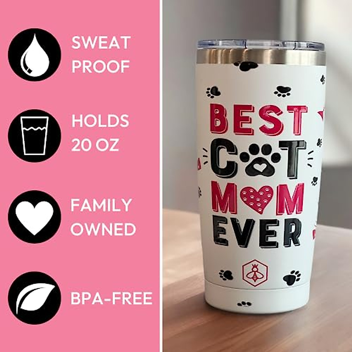 Biddlebee Cat Gifts for Cat Lovers Travel Coffee Cat Mug w/Slider Lid | 20oz Spill Proof Stainless Steel Insulated Cup | Cat Lover Gifts for Women | Cat Gifts for Women | Best Cat Mom