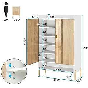 LITTLE TREE Storage Organizer Cabinet Wood Shoe Rack with Doors Adjustable Shelves, Wood & White