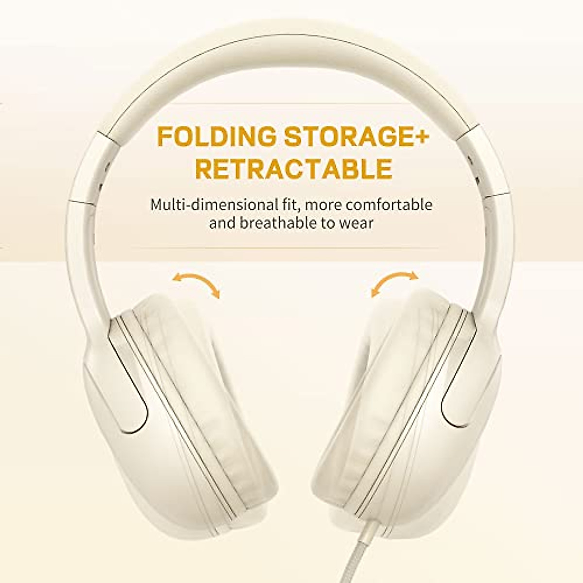 LORELEI E5 Wired Headphones for Kids Foldable & 3.5mm Jack Tangle Free Nylon Wire Stereo On Ear Headsets for Kids/Children/School/Tablet/Ipad/Kiddle/Plane (Beige White)