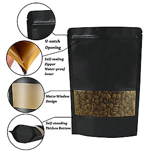 100 PCS Resealable Bags, Stand Up Kraft Paper Bags with Matte Window, Zipper Lock Food Storage Bags for Small Business and Home, 5.91 * 9.05 Inches Reusable Sealable Bags for Packaging - Black
