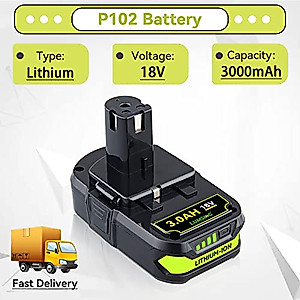2Pack 3.0Ah P108 P102 Replacement for Ryobi Battery 18V Lithium + P117 Charger for Ryobi 18v Lithium Battery 18V P108 P107 P104 P105 P102 P103 Charger with 260051002 P117 P118 P119 P113 BCL1418