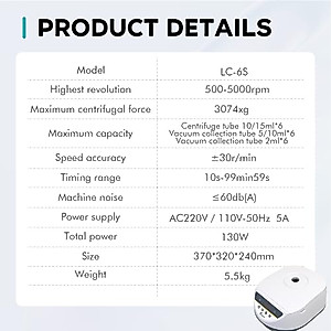 LAB FISH PRP Lab Benchtop Centrifuge Machine 6 x 2ml/5ml/10ml/15ml Capacity Test Tubes,Low Speed 500-5000r/min,Max 3074xg RCF