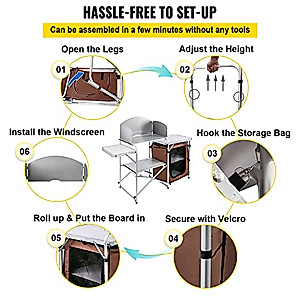 VEVOR Camping Kitchen Table, Aluminum Portable Folding Camp Cook Station with Windscreen, Cupboard, Storage Organizer, Carrying Bag, Quick Installation for Outdoor Picnic Beach BBQ RV Traveling, Brown