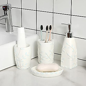 MyGift 4-Piece White Resin Bathroom Accessories Set with Embossed Powder Blue Leaf Design Includes Lotion Pump Dispenser, Tumbler, Toothbrush Holder and Soap Dish
