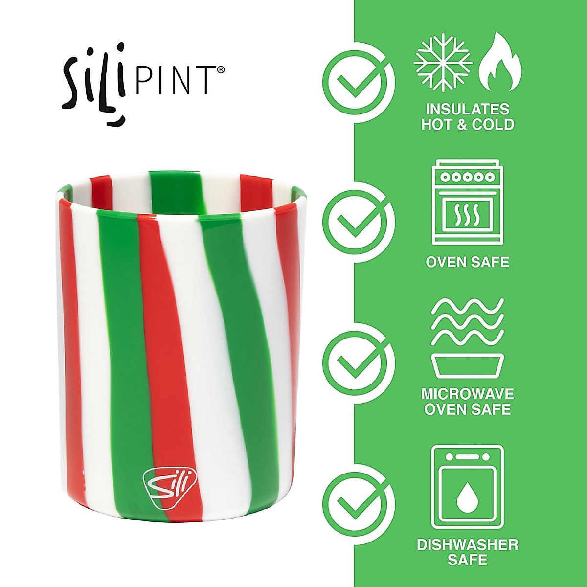 Silipint: Silicone 12oz Rocks Glasses: 2 Pack - Peppermint & Poinsettia - Reusable, Sustainable, Unbreakable, Holiday Parties