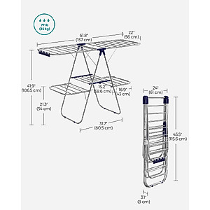 SONGMICS Clothes Drying Rack, Foldable 2-Level Laundry Drying Rack, Free-Standing Large Drying Rack, with Height-Adjustable Wings, 33 Drying Rails, Sock Clips, for Clothes, Sheets, Blue ULLR53BU