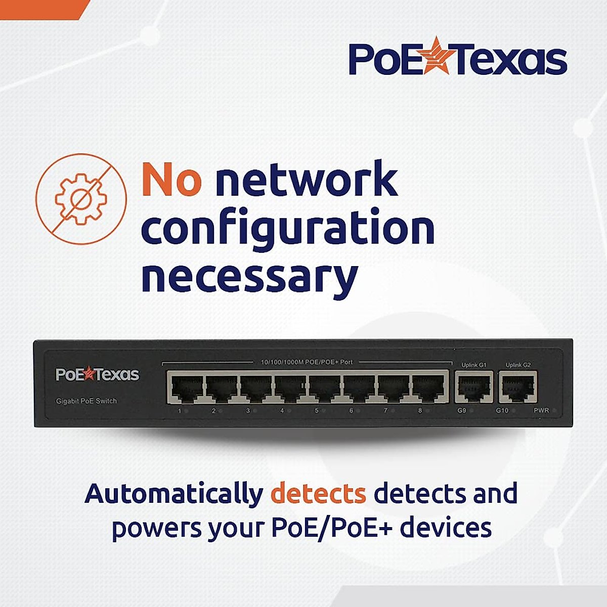 PoE Texas 8 Port PoE Switch - 802.3af/at Power Over Ethernet with 8 PoE+ Ports, 2 LAN Uplink, VLAN & Extender - 120W High Speed Unmanaged Wired Network Switch - Security Camera, Video & More