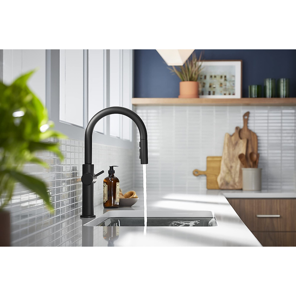 KOHLER 22972-BL Crue Pull Down Kitchen Faucet, Kitchen Sink Faucet with Pull-Down Sprayer, Pull-Down Kitchen Sink Faucet with Multi Function Spray Head, Matte Black