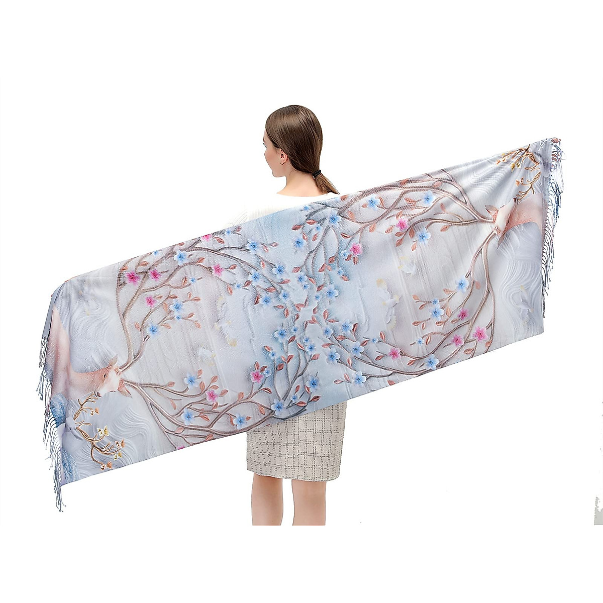 XINYUN Fashion Scarfs for Women with Elk Print Grey Cashmere Shawls and Warps Large Soft Pashmina Blanket Scarf Winter Warm Christmas Gift for Ladies