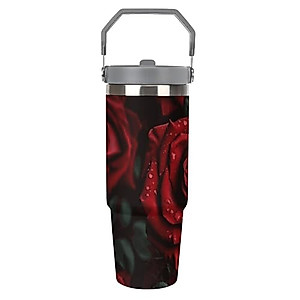 RTFGHJS Red Rose 30 Oz Tumbler with Handle And Flip Straw, Stainless Steel Vacuum Insulated Travel Mug, Thermal Cup for Coffee, Water, Iced Drinks, Fits Car Cup Holders (Home, Sports)