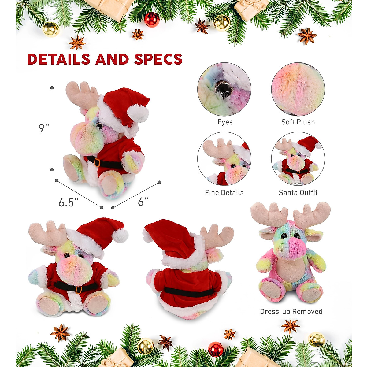 DolliBu Santa Rainbow Moose Stuffed Animal Plush Toy - Super Soft Dress Up with Red Santa Claus Outfit, Cute Moose Gift Perfect Holiday with Name Personalization - 9 Inches