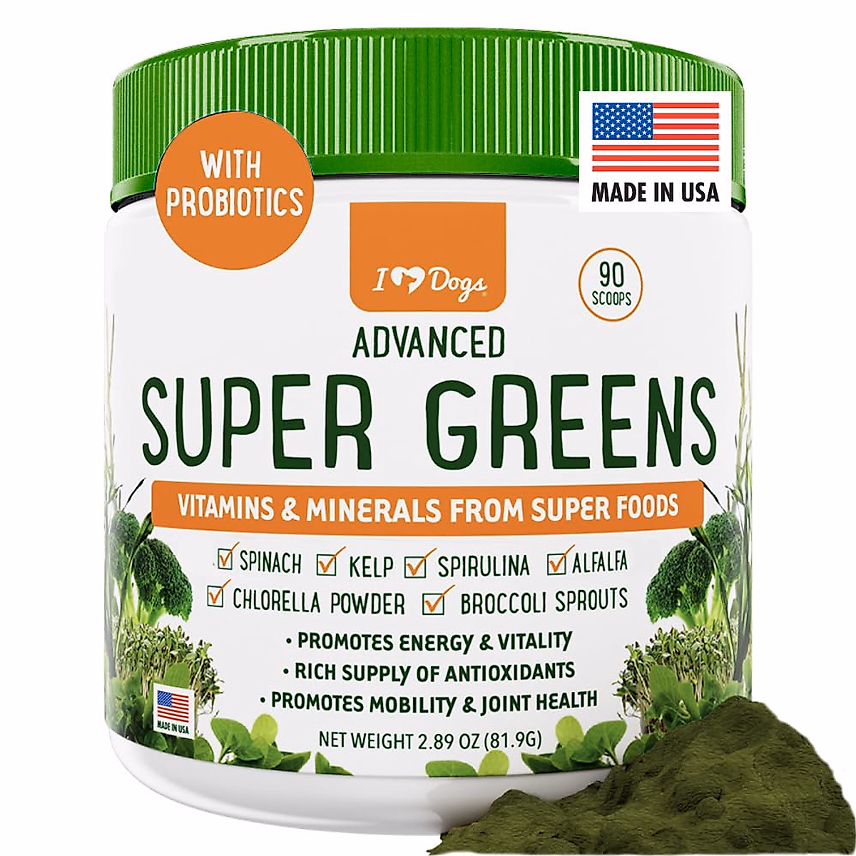 iHeartDogs Super Greens for Dogs with Broccoli Sprouts & Spirulina Powder - Seasonal Allergy & Immune Support Dog Greens Powder - Vitamins, Antioxidants & Minerals Supplement for Dogs
