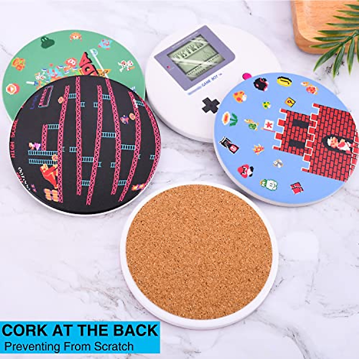 Pounchi Retro Video Game Coaster （4 Pack ） Game Lovers Absorbent Coasters Retro Drink Coasters for Game Lovers with Cork Base Bar Coasters Round Stone Coasters Car Coasters Set for Teens