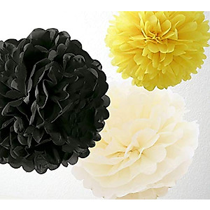 HappyField Honey and Bee Baby Shower Decorations Yellow Cream Black Tissue Paper Pom Poms Flower Paper Lanterns for Honey Bee Birthday Party Wedding Bridal Shower Outdoor Decoration 18Pcs Mixed 8" 10"
