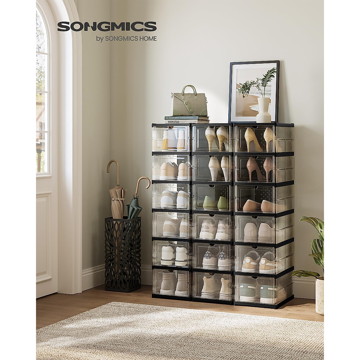 SONGMICS Foldable Shoe Boxes, Pack of 18 Stackable Shoe Storage Organizer, Set of 3 Integraed Shoe Cabinets, Portable, Fit up to US Size 13, 60s Assembly, Transparent and Ink Black ULSP207B01