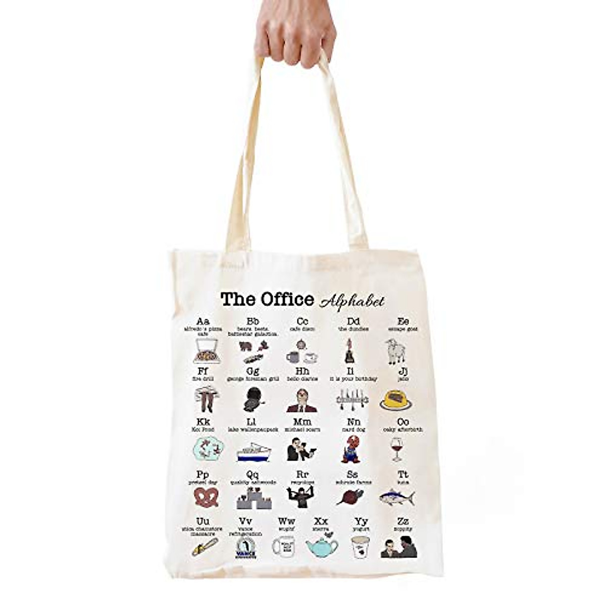 Tuilia Funny The Office TV Show Alphabet Theme Natural Reusable Cute Eco-Friendly Cotton Tote Bag, Off White