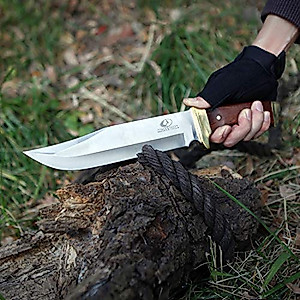 Mossy Oak 14-inch Bowie Knife, Full-tang Fixed Blade, Wood Handle Hunting Knife with Leather Sheath for Camping, Hiking, Survival