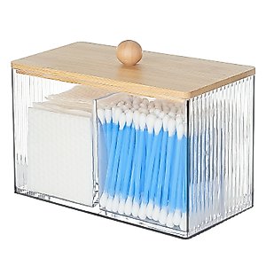 KIMCHOMERSE Wood Lid Qtip Holder Storage, Bathroom Cotton Ball Holder Canisters for Cotton Swab, Cotton Pad, Dental Floss Organizer, Hair Bands Container for Vanity Countertop -Clear