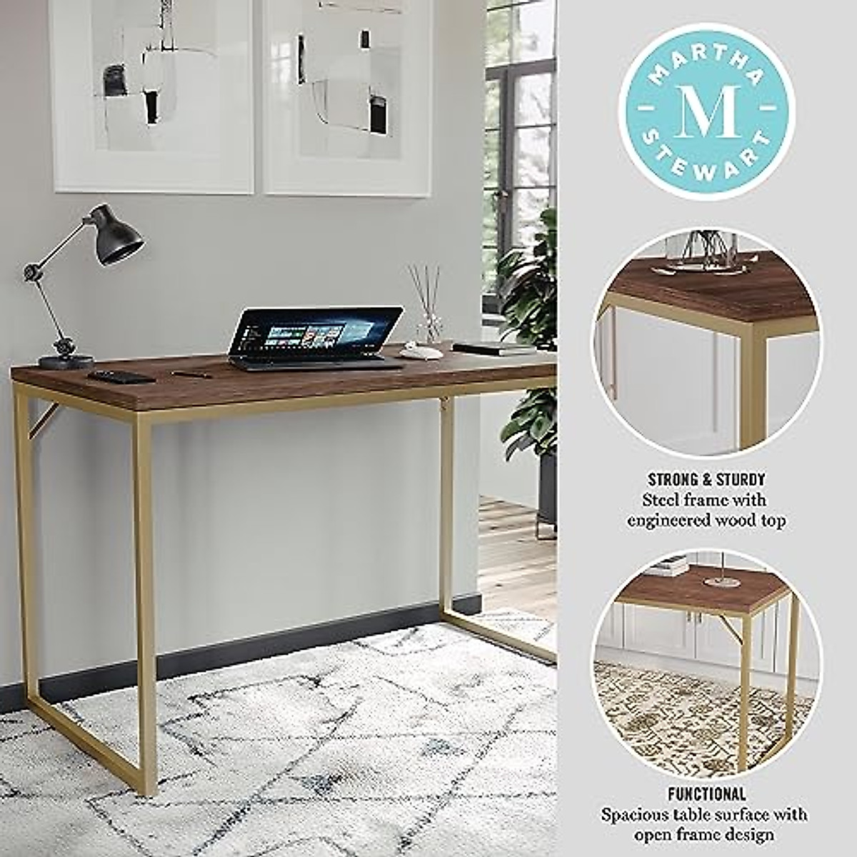 Martha Stewart Noah Home Office Parsons Desk in Walnut Wood Grain with Polished Brass Metal Frame