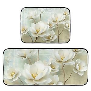 Flowers Buds Magnolia Kitchen Rugs and Mats Set 2 Piece Non Slip Washable Runner Rug Set of 2 for Floor Home Decor Sink Kitchen Laundry
