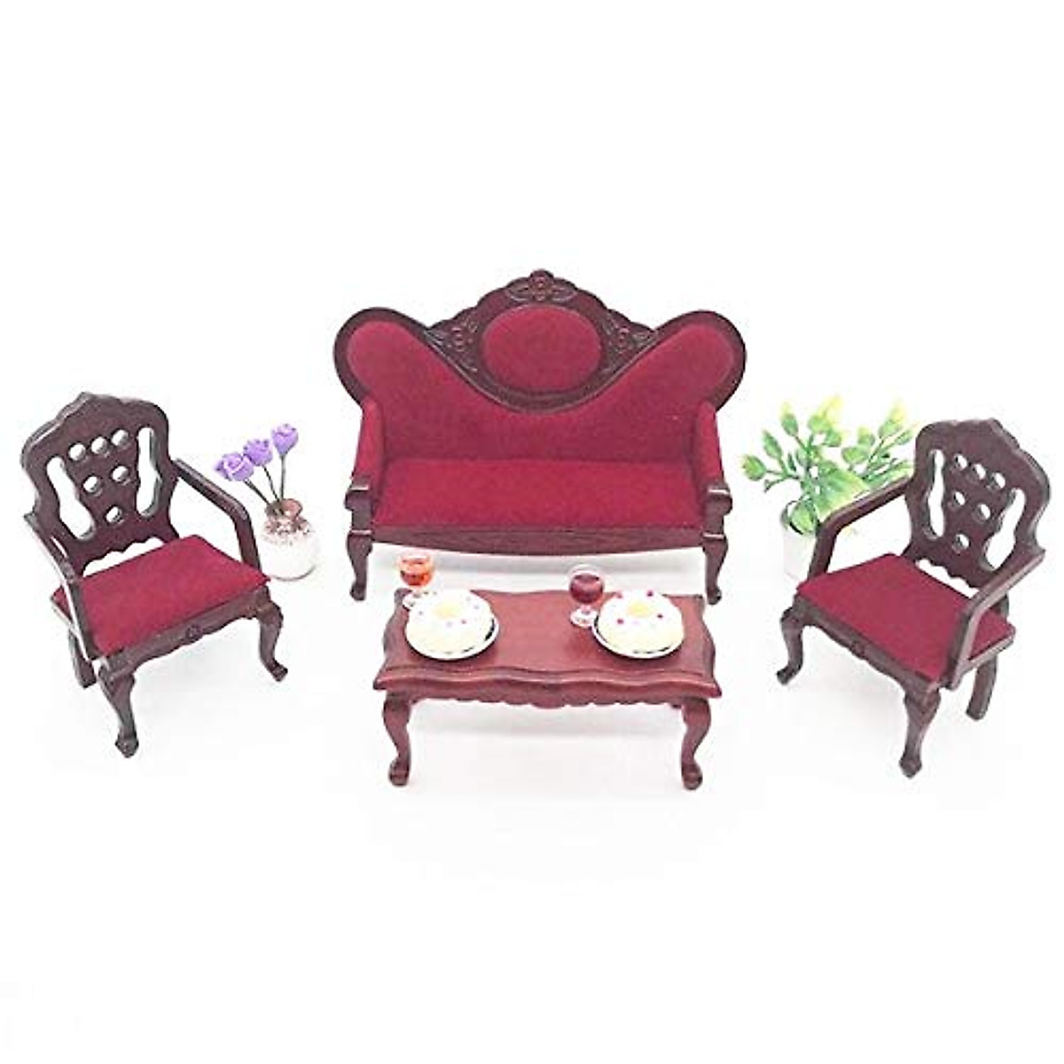 EatingBiting 1:12 Miniature Living Room Furniture Vintage Red Wooden Sofa Armchair Couch Table 3pcs Set Sofa + 2 Chairs