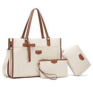 Keyli Canvas Laptop Tote Bag for Women - 15.6 inch Casual Work Shoulder Bag with Large Capacity - Brown
