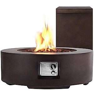ECOTOUGE 2-Piece Outdoor Propane Firepit Table Set with Tank Table, 30 Inch Auto-Ignition Round Gas Fire Pit, 50,000 BTU Steel Fire Table w/Weather-Resistant Pit Cover, Lava Rocks, Brown