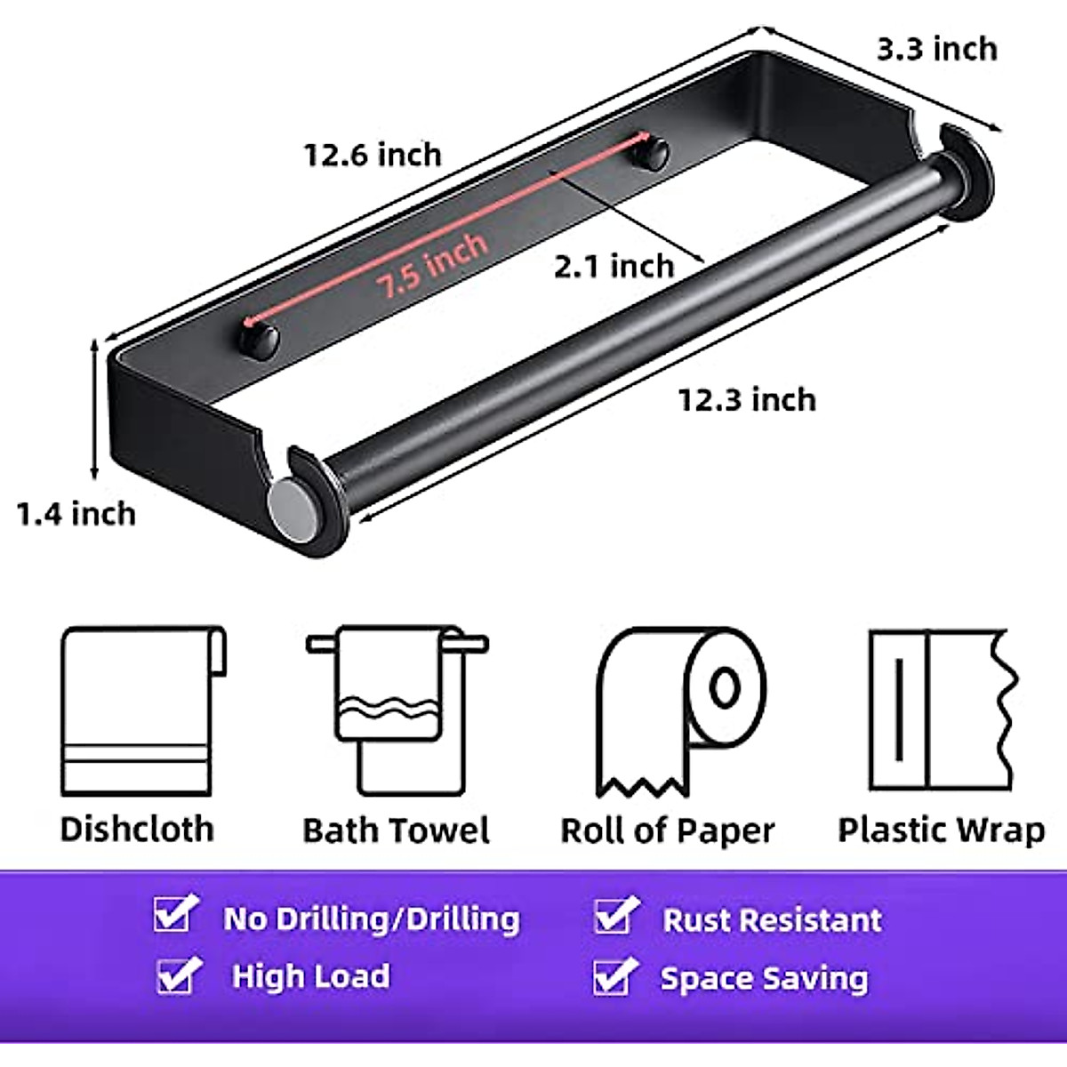 Shinhadi Paper Towel Holder Under Cabinet for Kitchen,Wall Mount Paper Towel Holder Paper Roll Holder,Self Adhesive or Screw Mounting Paper Towel Holder Wall Mount for Kitchen, Pantry (Black)