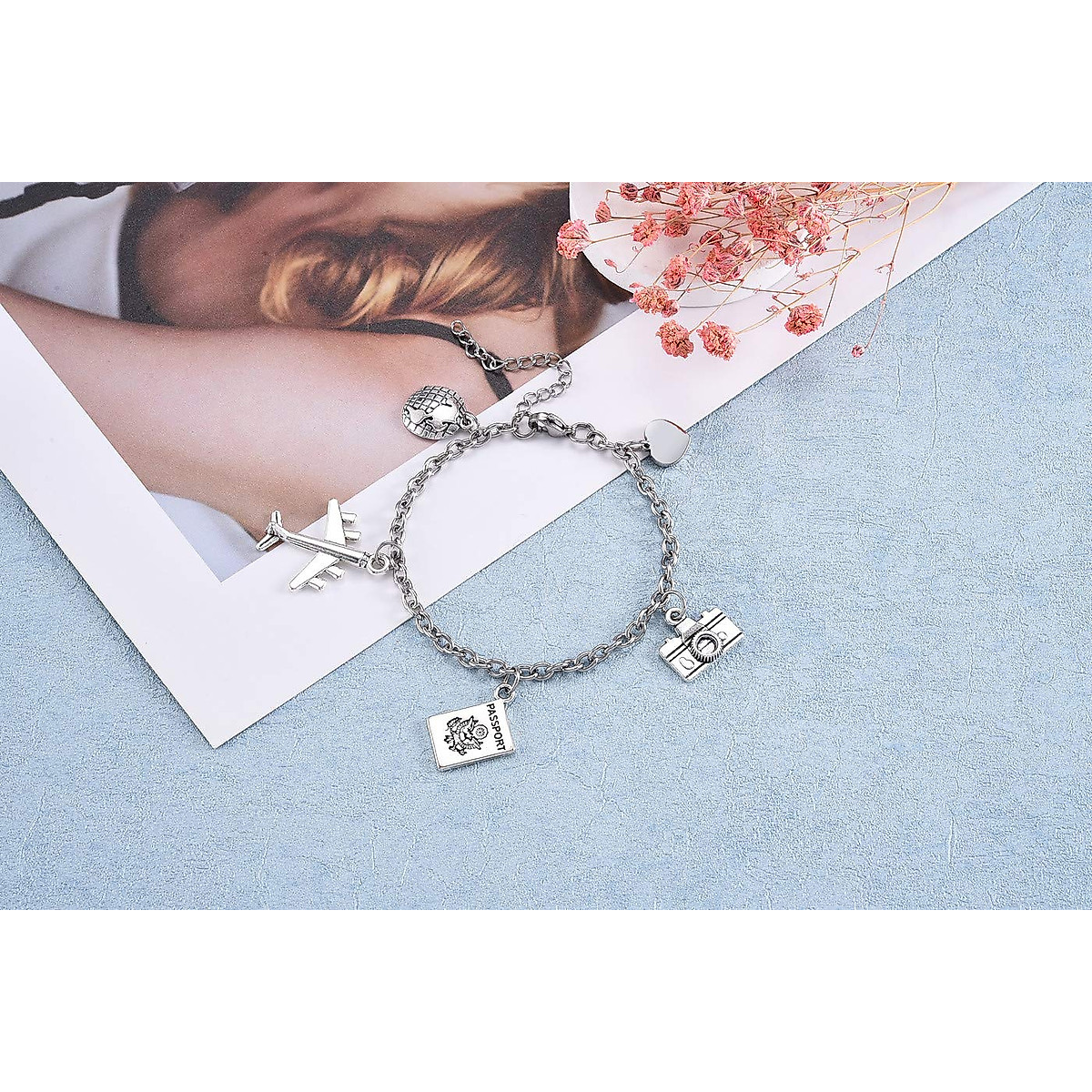 BOPREINA Travel Gifts Bracelet Passport Airplane Earth Heart Camera Charm Bracelets Stainless Steel Link Chain for Men Women Inspiration Jewelry for Travel Graduation Gift