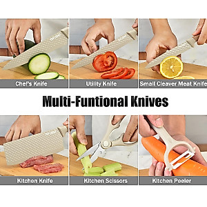 Knife Set, 6-Piece Khaki Professional Kitchen Knife Set for Chef, Super Sharp Meat Knives Cooking Knives Sets, Anti-Rust Stainless Steel Kitchen Knives with Cutlery Ergonomic Design Wood Handle