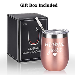 Mama Juice Wine Tumbler, Funny Christmas Birthday Gifts for Mom, Mother, Mom to be, New Mom, Pregnant Mom, Her, Wife, Mothers Day Stainless Steel Insulated Tumbler with Lid(12oz, Rose Gold)
