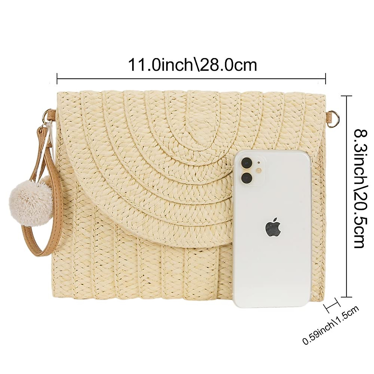Straw Shoulder Bag Straw Clutch Straw Crossbody Bag Handmade Straw Beach Bag for Women Envelope Purse Wallet with Hand-woven Pompom (Creamy White)