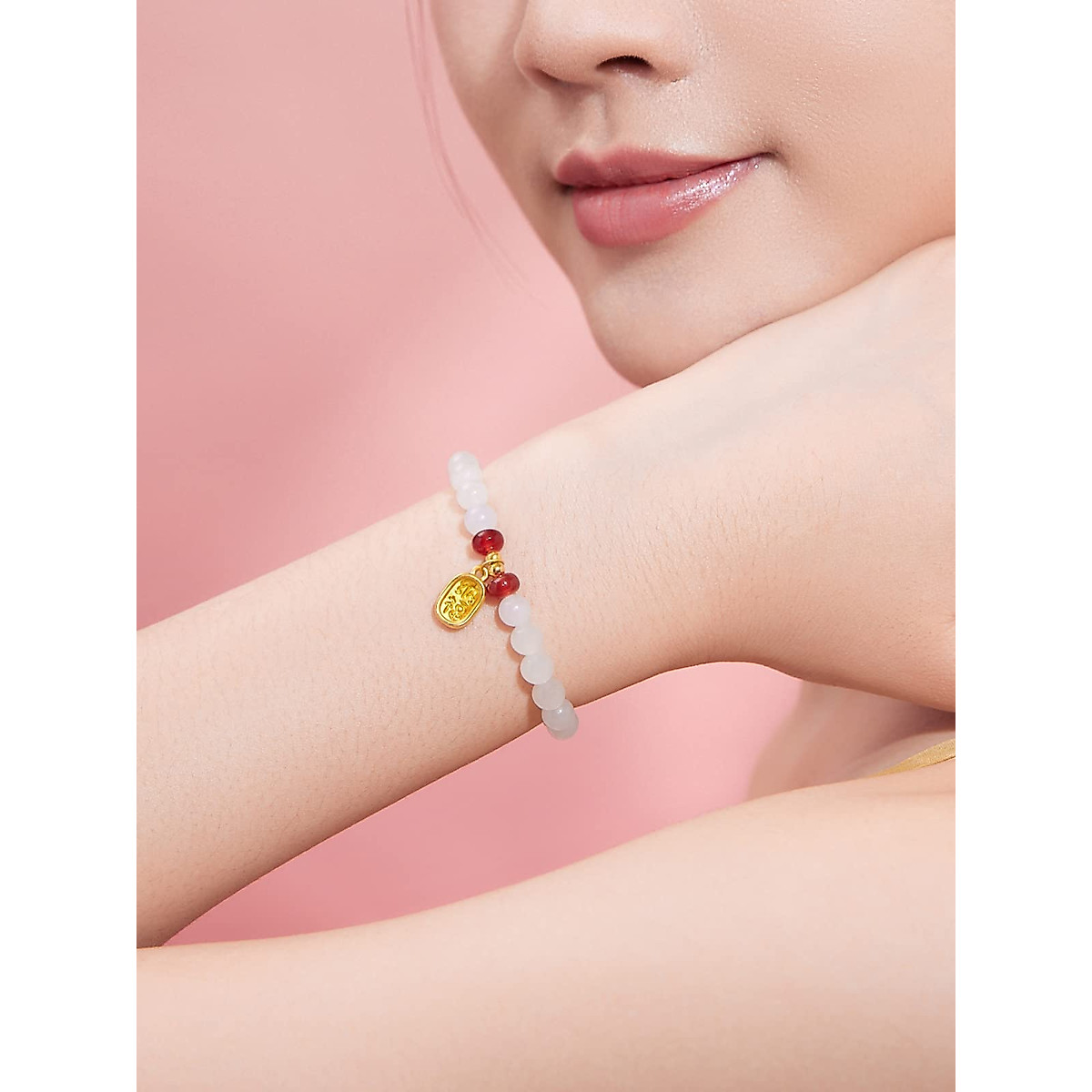 ZHOU LIU FU 24K Solid Gold Bracelets, Real Pure Gold Jewelry White Nephrite Jade Beaded Bracelets Dainty Gold Fortune Plate for Women Men Teen Girls