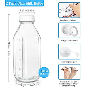 Milk Bottle with Dispenser Cap, 100% Airtight Heavy Duty Screw Lid. 2 Pack 32 Oz Reusable Glass Bottles with 3 Lids! Jug Pitcher, Buttermilk, Water, Juice Bottles w Cap, Syrup, Honey