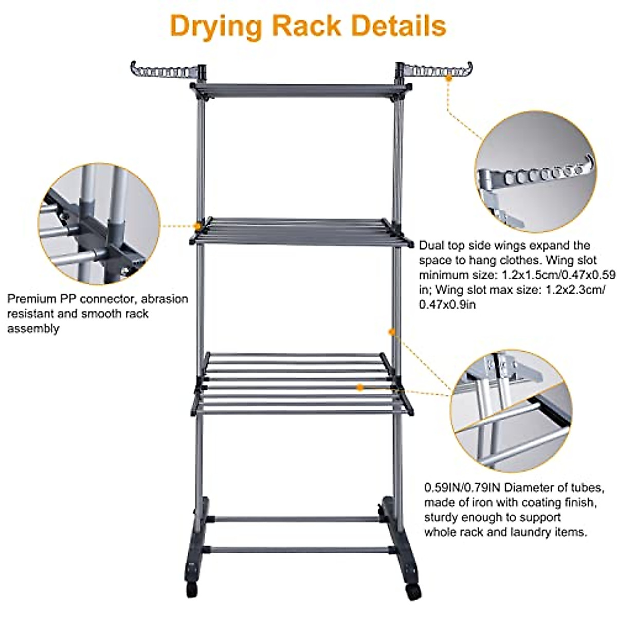iMounTEK Clothes Drying Rack, Oversize 3-Tier Drying Rack Clothing (70" Height) Rolling Clothes Rack Laundry Drying Rack Clothing Drying Rack Garment Dryer Stand with 2 Side Wings
